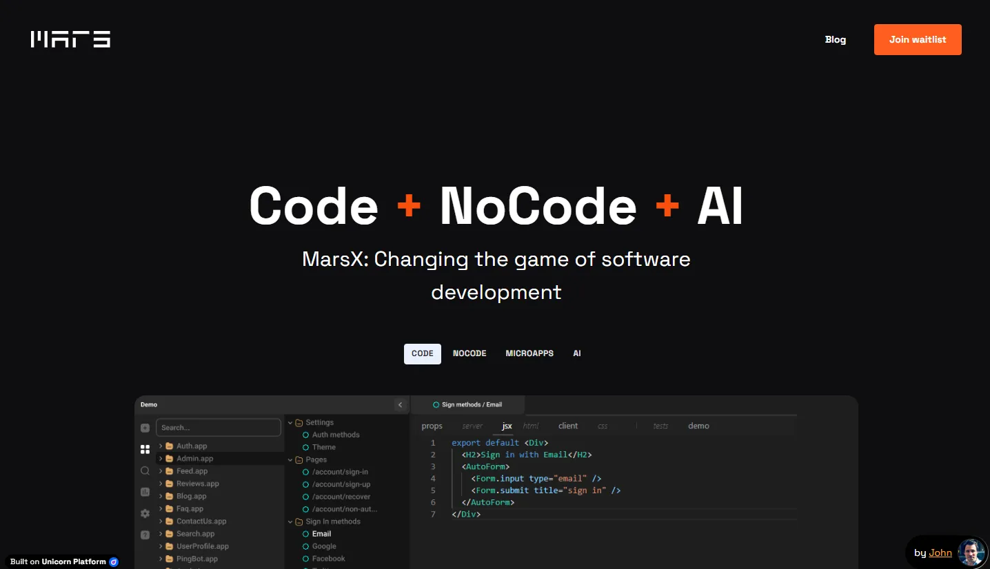 MarsX: Development platform streamlining web and mobile app creation with micro-apps.