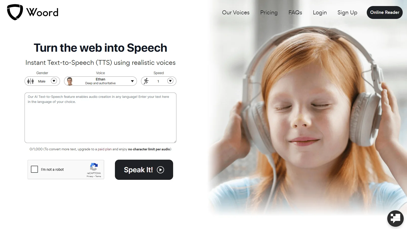 Woord: Text-to-speech converter with multilingual voice options and audio hosting